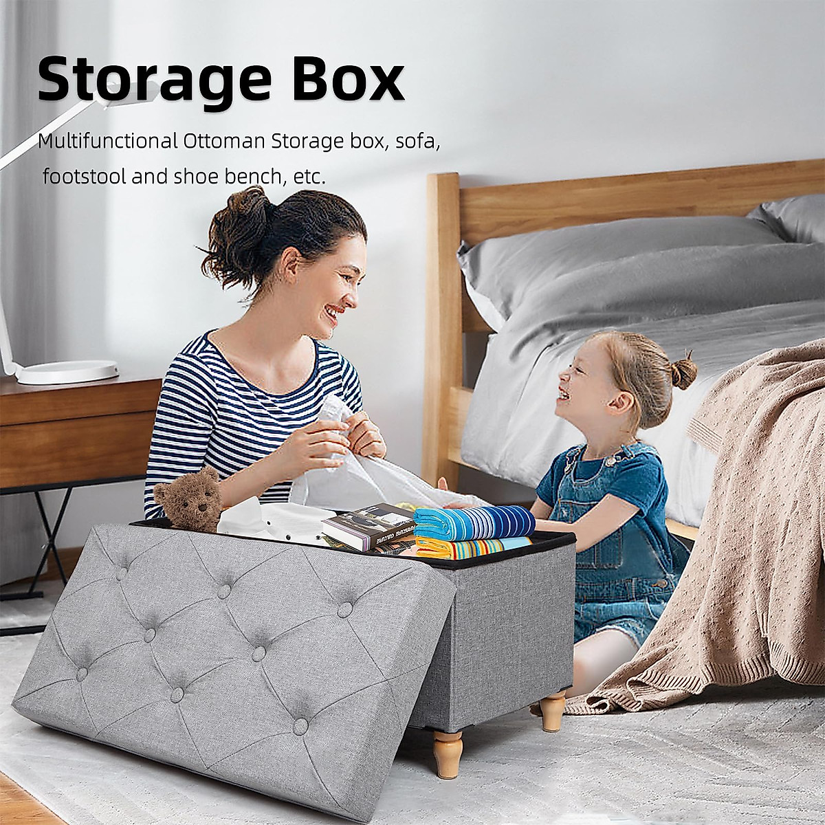 GLAXYFUR Storage Ottoman with Wooden Legs, Folding Storage Bench for Living Room, 30" Linen Fabric Ottoman Foot Rest Stool (Linen, Light Grey)