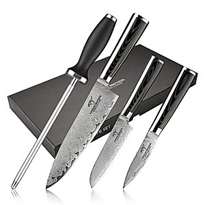 Chefs Knife Set with Gift Box, 4 Pieces Damascus Kitchen Knife Set, VG10 Steel Professional Knife Sets for Chefs, Knife Set with Non-slip Micarta Handle, Knife Sharpener and Chefs Knife