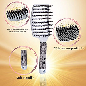 Curved Vented Boar Bristle Styling Detangling Hair Brush, Single White Anti-static Detangler Brush, Fast Blow Drying, Use on Long or Short Unbrush Hair (1 Pack White)