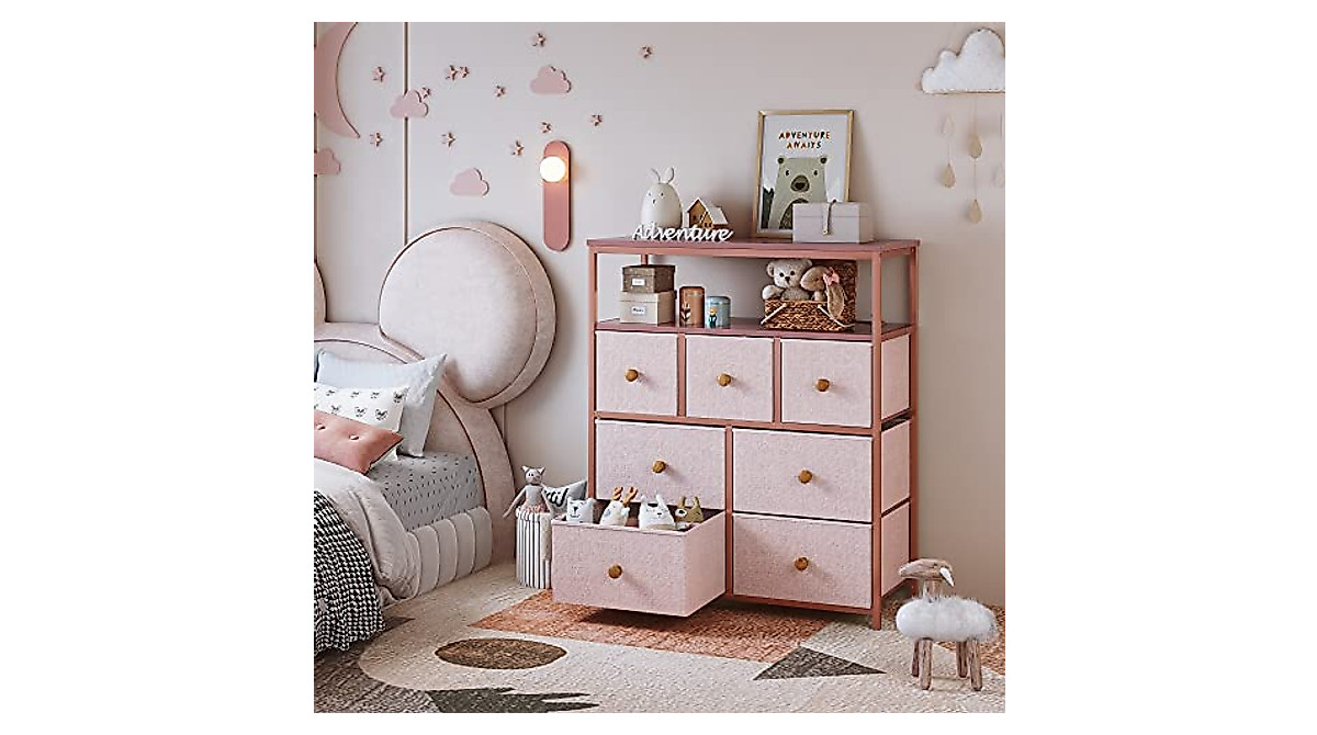 EnHomee Pink Dresser with 7 Drawers for Girls Bedroom & Nursery