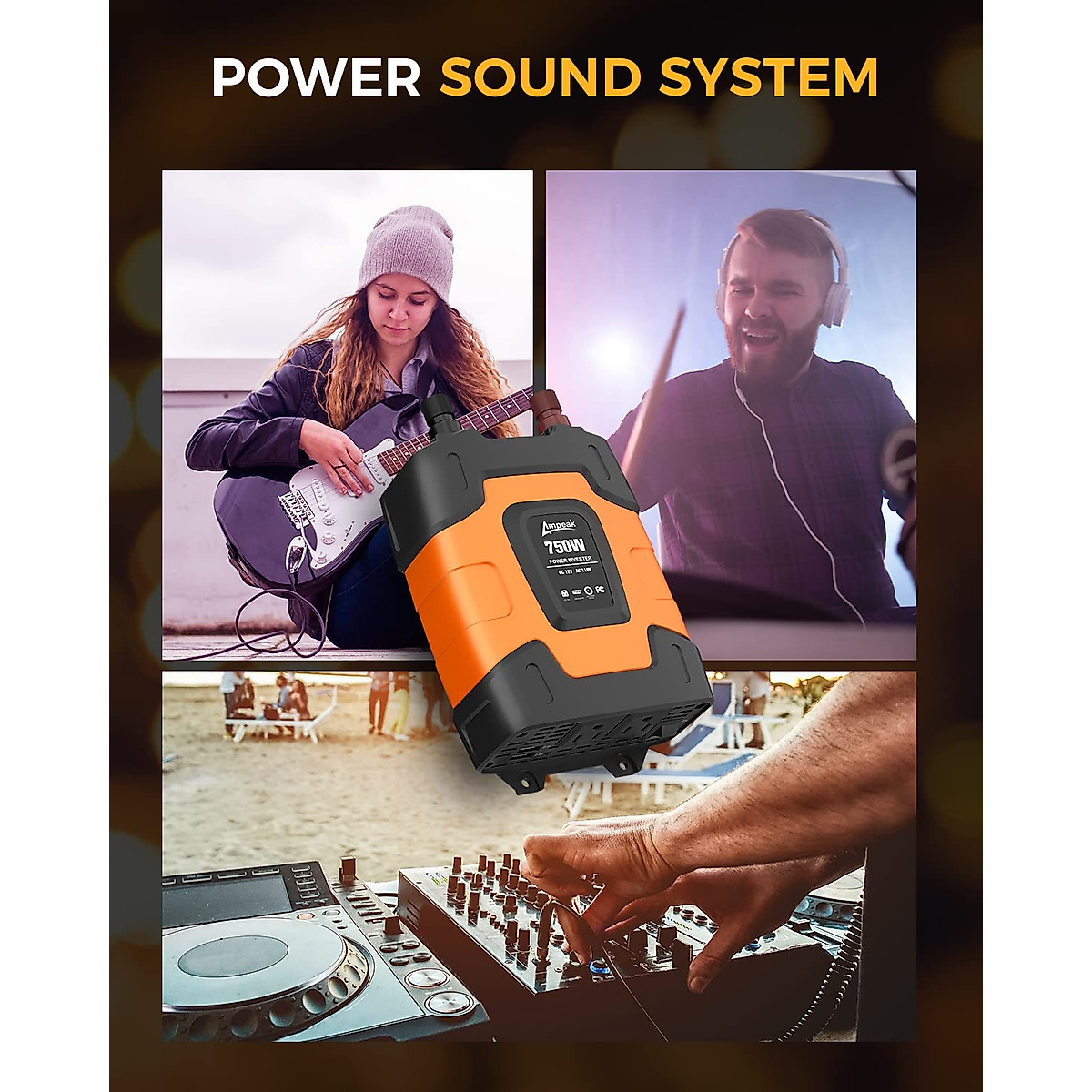 Ampeak 750W Power Inverter 4.8A Dual USB Ports 2 AC Outlets Car Inverter DC 12V to AC 110V 11 Protections for Devices