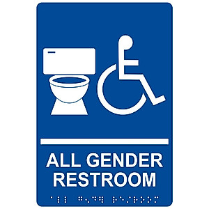 ComplianceSigns.com All Gender Restroom Sign, ADA-Compliant Braille and Raised Letters, 9x6 inch Blue Acrylic with Adhesive Mounting Strips