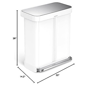 simplehuman Large Kitchen Double Trash Can with Lid, Touchless, Recycle Bin + Waste Basket, 58 Liter / 15.3 Gallon, White Stainless Steel