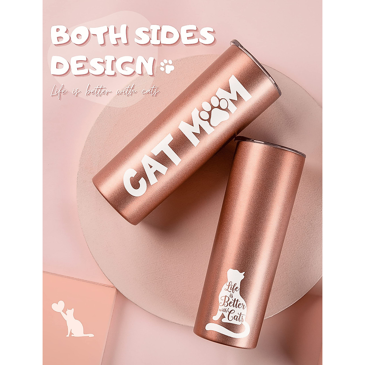 Onebttl Cat Gifts for Cat Lovers, Insulated Stainless Steel Tumblers with Lids and Straws, Crazy Cat Lady, Cat Mom Gifts for Birthday, Mother's Day, Christmas, 20 oz, Rose gold