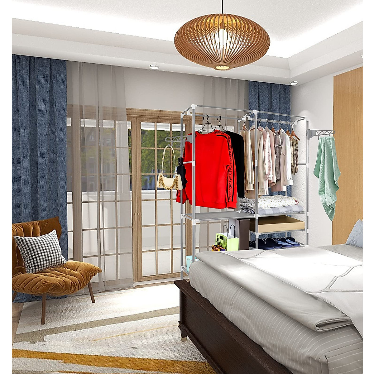 Garment Freestanding Clothes Organizer Closet, Metal Hanging Storage Organizer Rack Wardrobe with Shelves& Hanging Rods,Clothes Hanger Organizer (Grey)