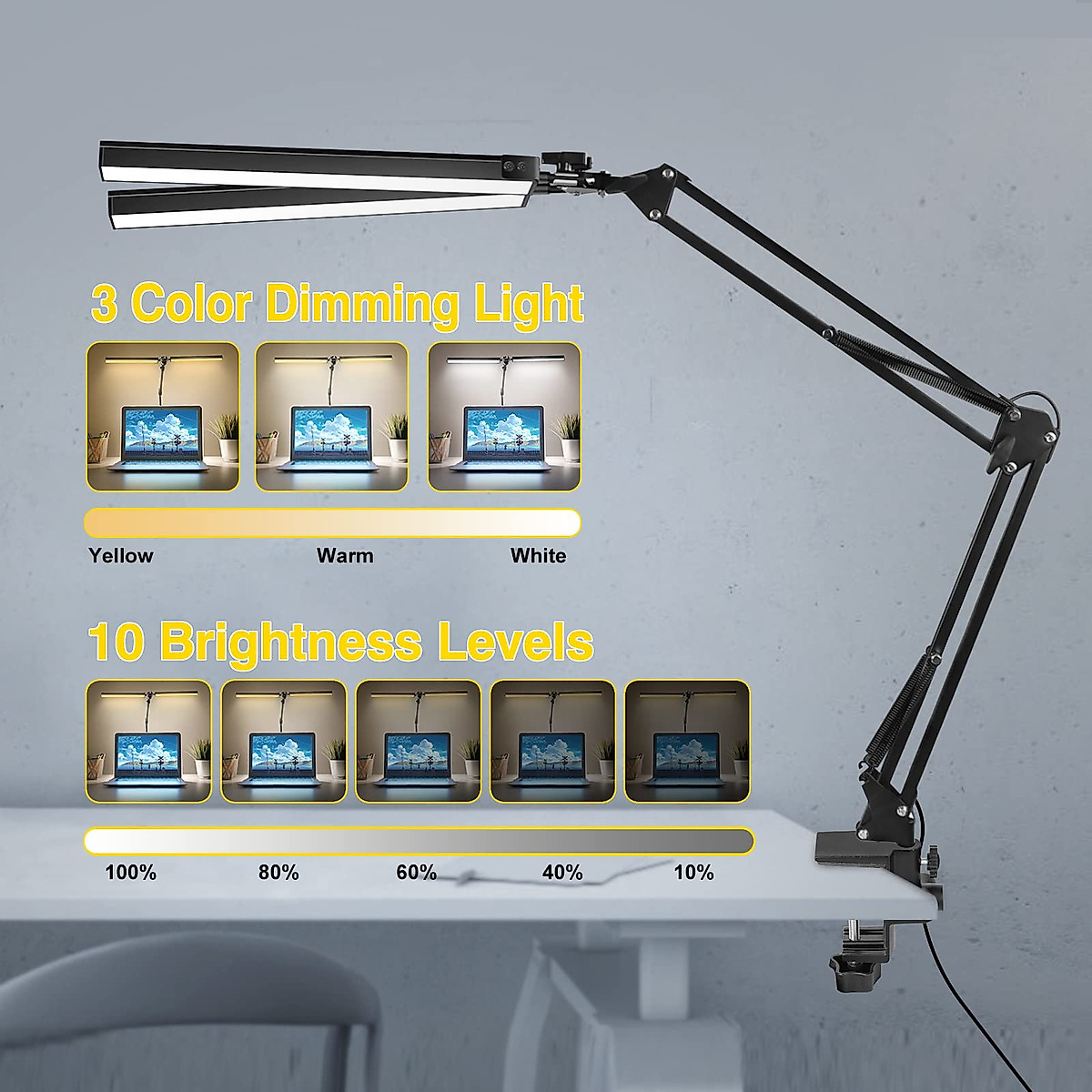 2-in-1 LED Double Head Desk Lamps for Home Office, 24W Brightest Workbench Light, Architect Lamp with Clamp & Base, 3 Colors 10 Dimming Swing Arm Lamp for Reading/Study/Computer Light