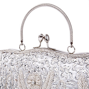 LIFEWISH Women's Evening Bag Beaded Sequin Design Metal Frame Kissing Lock Satin Interior Evening Clutch