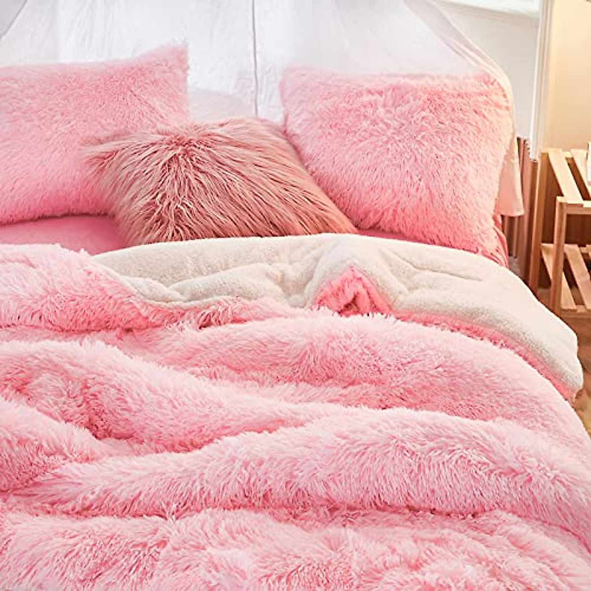 Luxury Faux Fur Shaggy Comforter Set King Size, Plush & Sherpa Reversible Comforter Pink, 3 Pieces Fluffy Fuzzy Bedding Set Ultra Soft and Warm for Winter (1 Comforter + 2 Pillowcases)