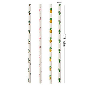 ALINK Hawaiian Tropical Party Paper Straws, Flamingo/Pineapple/Cactus/Coconut Tree Biodegradable Straws for Beach Cocktail Luau Decorations, Pack of 100
