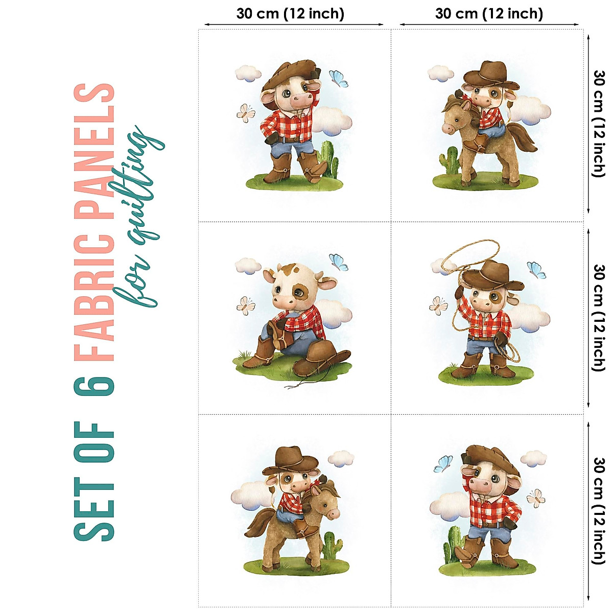 UNIQUE Cowboy Fabric Panel Set (6 Panels, 12x12in Each), Quilting Panels, Baby Quilt Panels, Cotton Baby Panels, Blanket Panel, Cotton Fabric Panels for Quilting