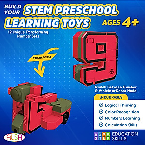 Number Robots Transforming Action Figures - 10 Numbers and Math Signs - Learning Robot Transforming Vehicle Toys, Number Bots Gift for Kids Educational Learning Toys - Transbot Digitech S