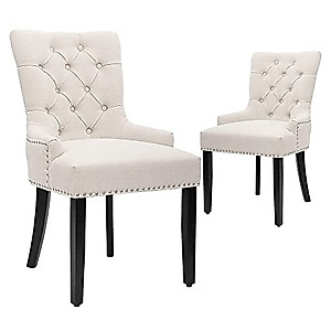 CangLong Modern Elegant Button-Tufted Upholstered Fabric With Nailhead Trim Side Chair for Dining Room Accent Chair for Bedroom, Set of 2, Beige