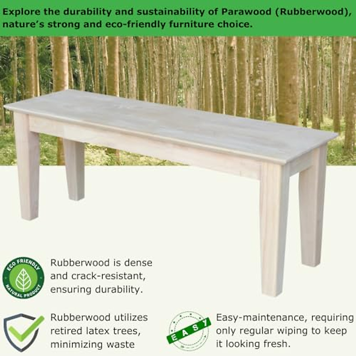 IC International Concepts Shaker Style Bench for Kitchen/Dining, Solid Parawood, 47"W x 14.37"D x 18.7"H, 450 lb Capacity, Paint or Stain in Any Color Any Color, Unfinished