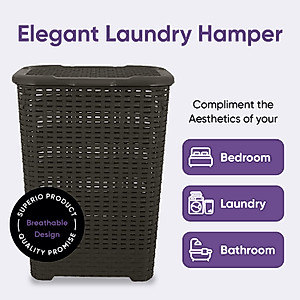 Plastic Laundry Hamper with Lid Laundry Hamper Basket, Brown Tall Cloths Hamper Organizer with Cut-out Handles. Space Saving for Laundry Room Bedroom Bathroom, Wicker Design 60 Liter
