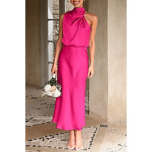 PRETTYGARDEN Women's 2024 Summer Satin Dress Elegant Sleeveless Mock Neck Cocktail Party Maxi Dresses (Rose Red,Small)