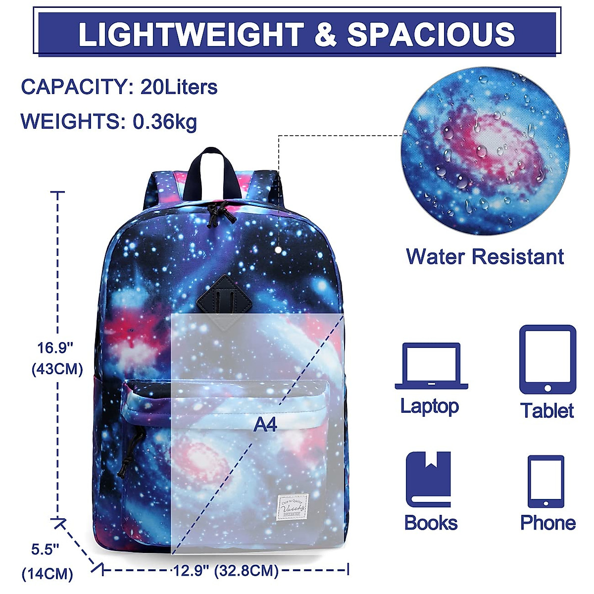 VASCHY Backpack for School, Lightweight Water Resistant Bookbag Casual Daypack for Middle School Teen Boys Girls Blue Galaxy