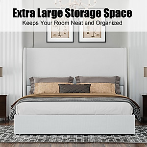 Jocisland King Size Bed Frame with Storage Upholstered Lift Storage Bed Linen Platform Bed with Wingback Headboard/Hydraulic Storage/No Box Spring Needed/Wood Slats Support/White