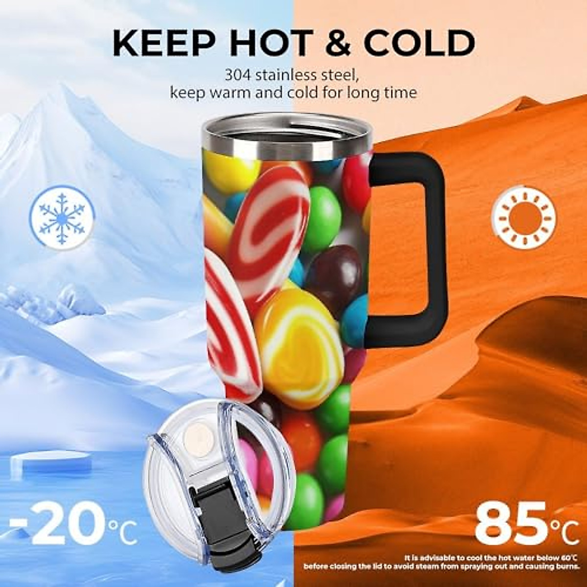 FZQVSGW Colorful Candy 40 Oz Tumbler with Handle And Straw Stainless Steel Vacuum Insulated Tumblers Reusable Keep Drinks Cold Coffee Cup Holder Friendly Gifts for Women Men Car Gym Travel
