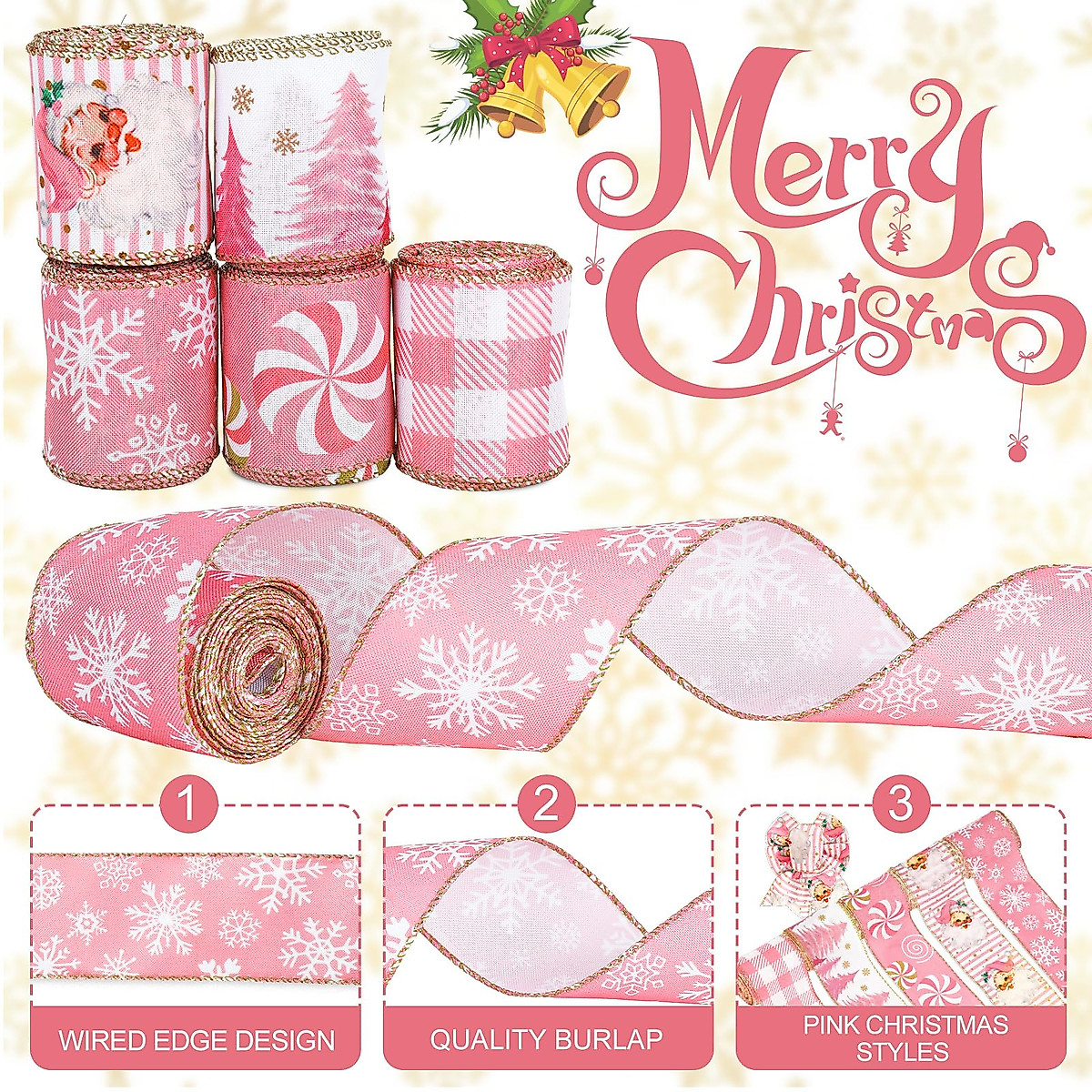 AnyDesign 30 Yards Christmas Wired Edge Ribbon 2.5 Inch Pink White Checkered Snowman Snowflake Craft Ribbon Gold Glitter Wired Fabric Ribbon for Wrapping DIY Bow Wreath Crafts Making, 5 Rolls