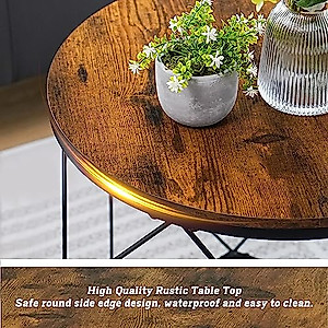 VZOTTK Round Set of 2 Coffee Table with Metal Frame, Round Sofa Tablefor Living Room, Office, Rustic Brown and Black