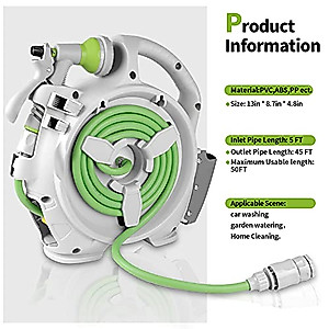 Wofeili Garden Retractable Hose Reel, Portable Simple Home Hose Reel 45+5 FT with 7 Patterns Spray Nozzle, Wall Mounted and Any Length Lock for Garden Watering, Car Washing, Pet (Blue)