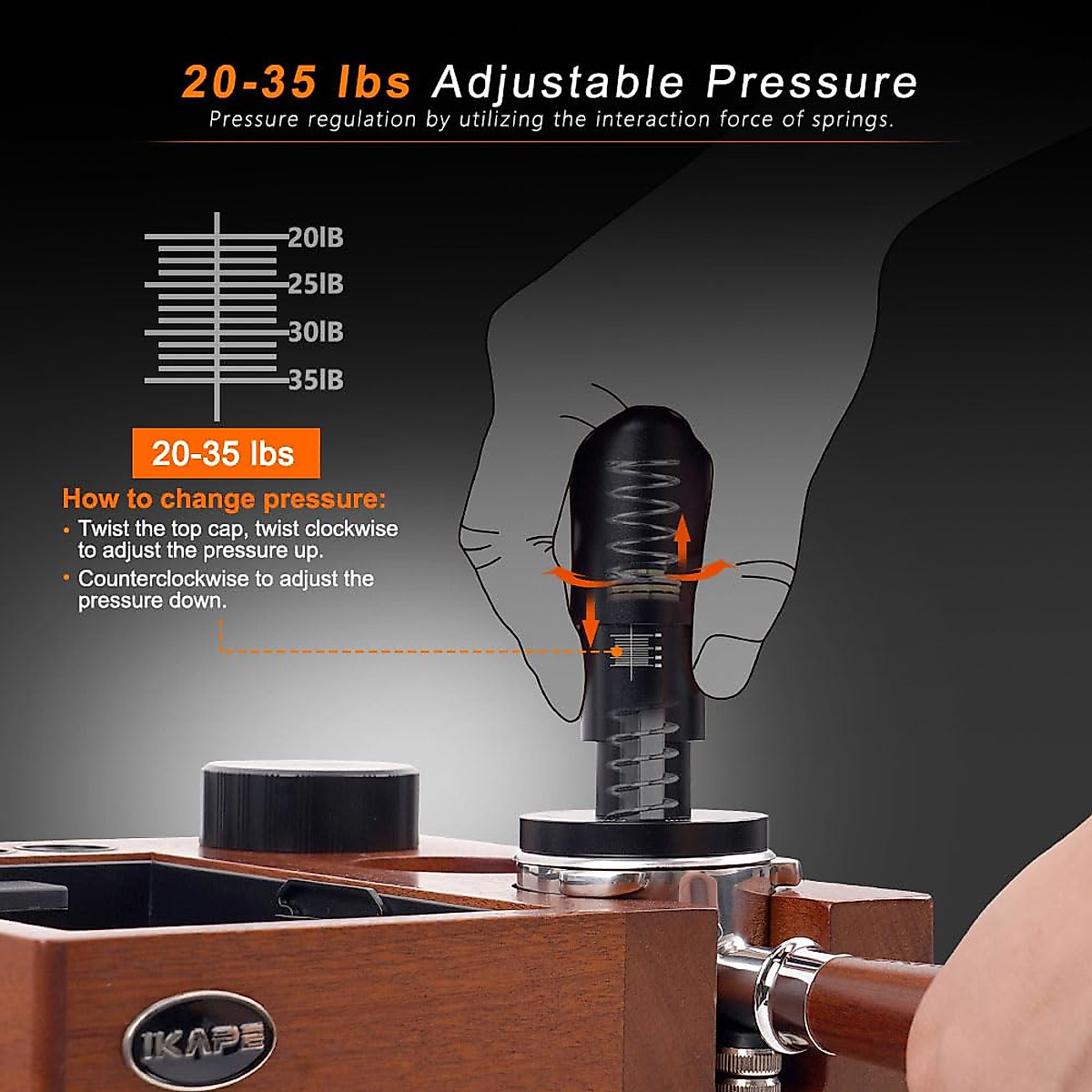 53mm Calibrated Espresso Tamper, Coffee Tamper with 20-35lbs Adjustable Pressure Feature, Springs Loaded Tamper, Anodized Aluminum Handle and Stainless Steel Base