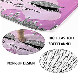 Dia Magico 4PCS Eyelash Shower Curtain Set, Hello Gorgeous Bling Silver Drips Glitter Eyeshadow Pink Heart Makeup Glam Modern Fashion Girl Bathroom Decor Fabric Purple Shower Curtain Non-slip Bath Mat