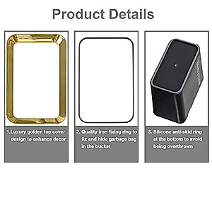 Matte Black Bathroom Slim Trash Can 2.4 Gallon Small Kitchen Plastic Garbage Can Bedroom Narrow Office Waste Basket Under Sink Rectangle Trashcan Modern Hidden Recycle Trash Bin with Gold Top Basureros Para Cocina