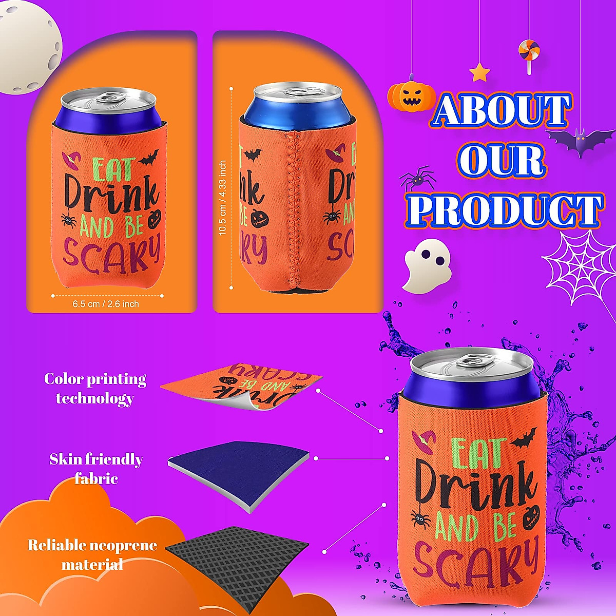 24 Pcs Halloween Can Cooler Sleeves 12 oz Funny Can Sleeves Pumpkin Cat Insulated Beer Can Cooler Skinny Bottle Sleeve for Cold Drinks Gift Halloween Party Supplies