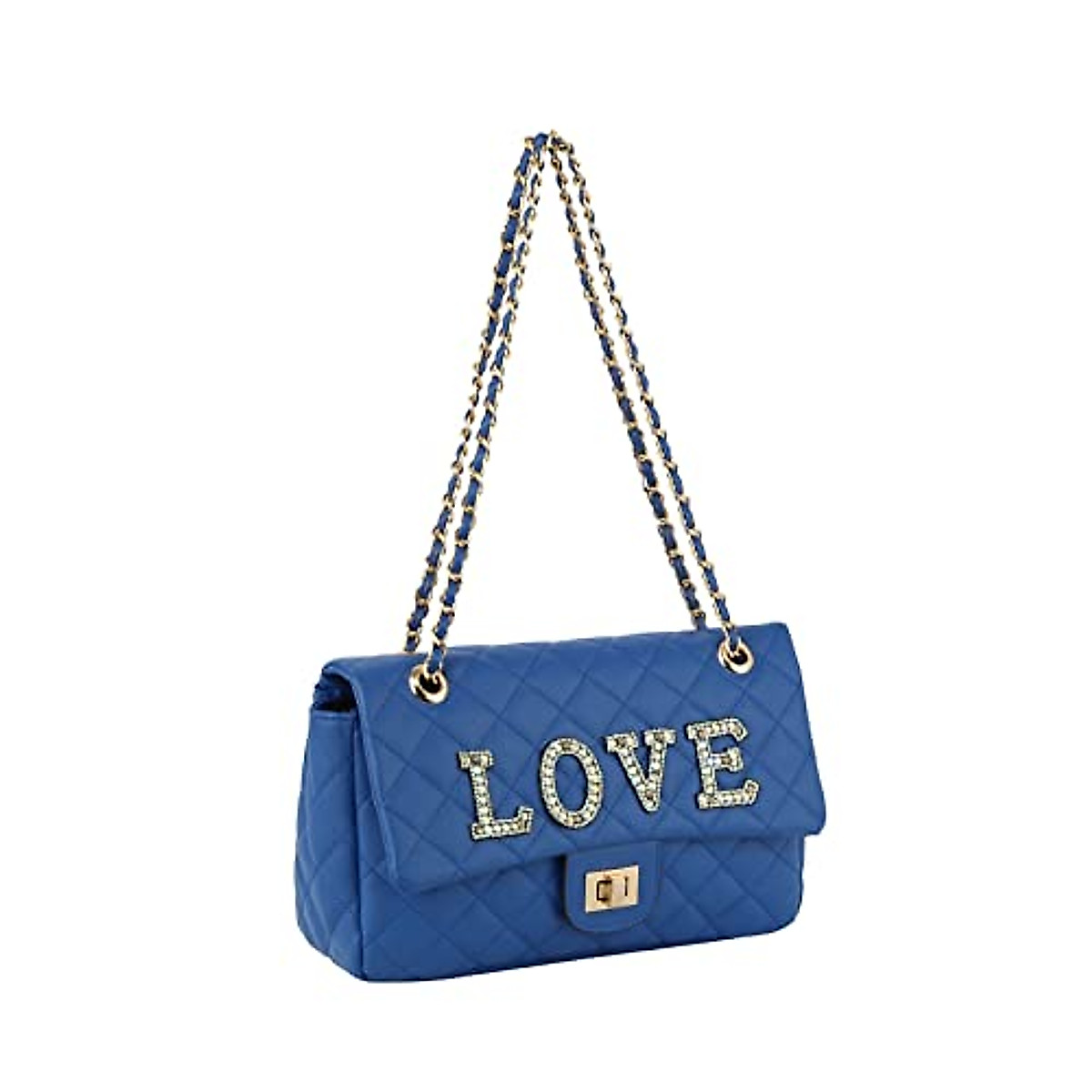 Quilted Crossbody Bags for Women, Bling Letter, Multi Color, Classic Flap (Blue_Love)