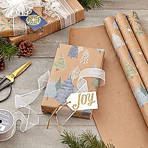 Hallmark Recyclable Holiday Wrapping Paper with Cut Lines on Reverse (3 Rolls: 90 sq. ft. ttl) Wintry Nature: Kraft Brown with White Snowflakes, Blue and Green Foliage, Christmas Trees