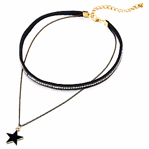 COOLSTEELANDBEYOND Ladies Womens Two-Rows Black Choker Necklace with Cubic Zirconia and Pentagram Star Charm Pendant