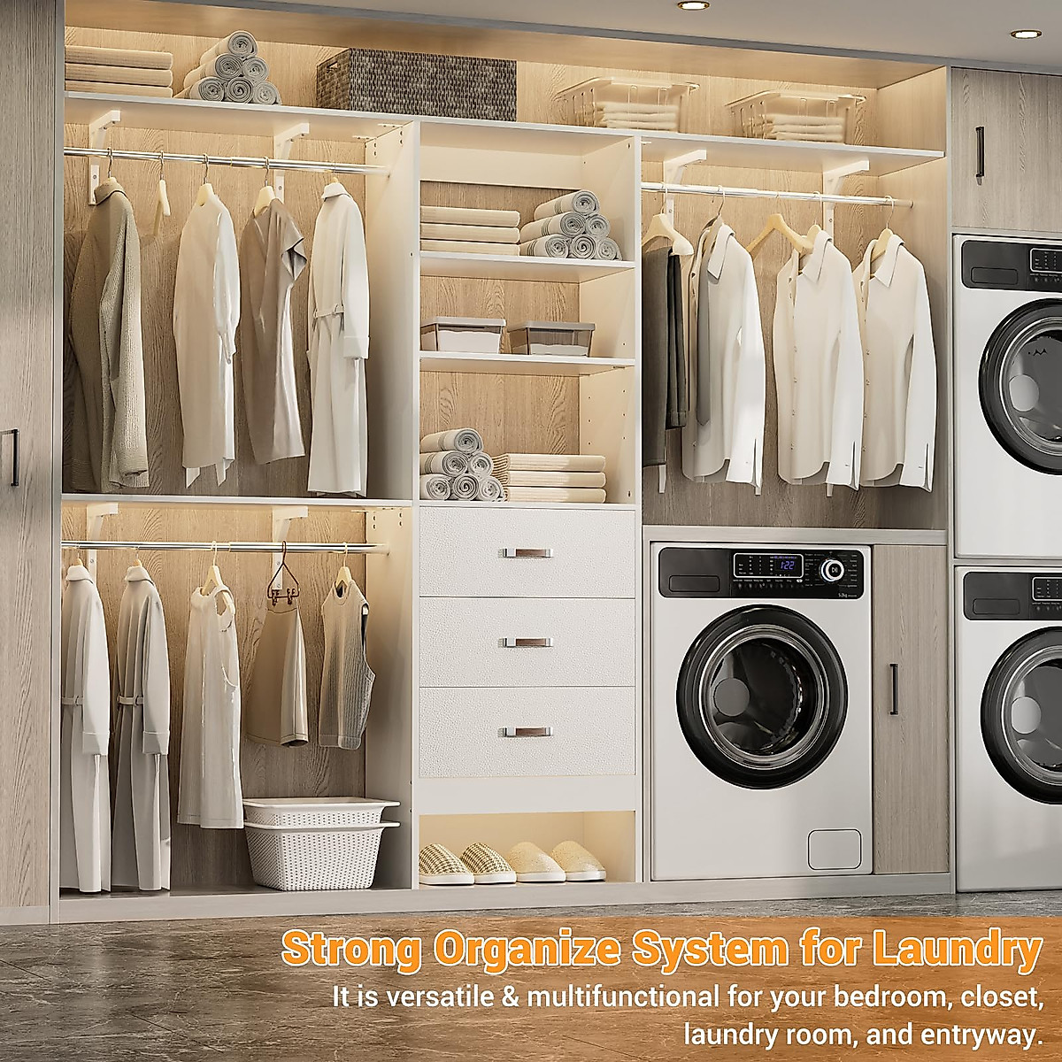 Cyclysio Closet System, 8FT Closet Organizer System with 3 Wooden Drawers, 96'' Walk-in Closet with 3 Hanging Rods & 3 Shelf Tower, Adjustable Wall Mount Closet Organizer, Build-in Garment Rack,White