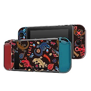 Dockable Case Compatible with Switch Console and Joy-Con Controller, Patterned ( Lizards, leaves, flowers and acorns on a black background ) Protective Case Cover with Tempered Glass Screen