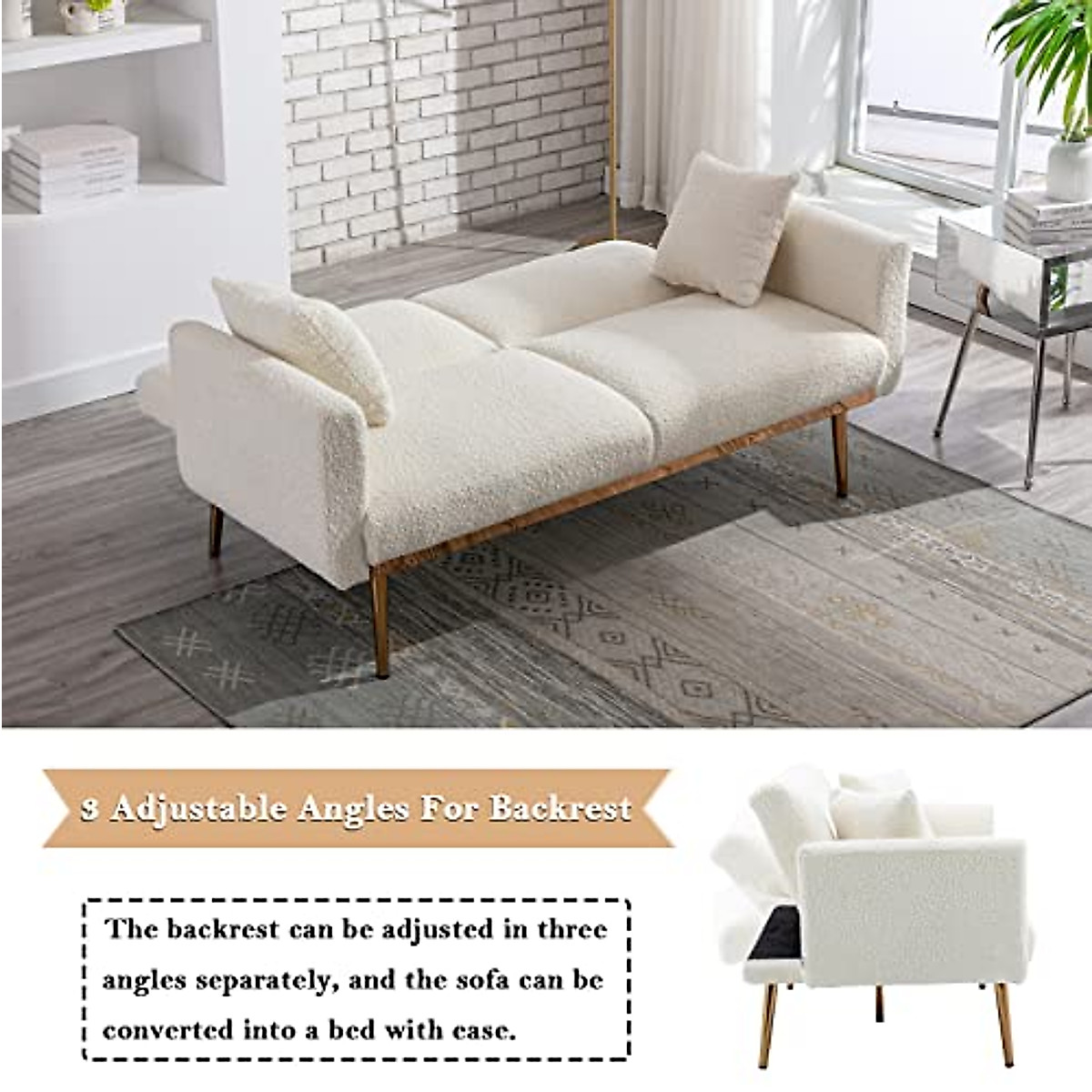 Antetek Futon Sofa Bed with 3 Adjustable Positions, Small Sleeper Sofa Loveseat with 2 Decorative Pillows, Modern Upholstered Convertible Couch with 5 Metal Tapered Legs, White Teddy