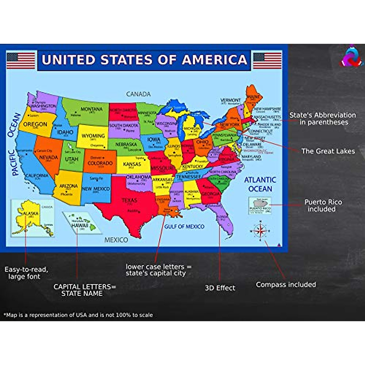 World Map Poster, United States USA Map, Solar System Posters for Kids - Laminated, Size 14x19.5 in.- Educational Posters for Elementary Classroom Decorations, Teacher Supplies (Maps and Solar)