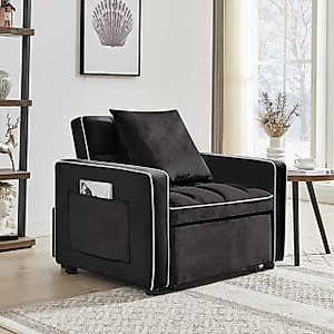 Wrofly 3 in 1 Single Convertible Sleeper Sofa Chair, 35.4" Pull Out Sofa Bed with Adjustable Backrest, Modern Chaise Lounge with Storage and Pillow for Living Room, Small Spaces, Black Velvet