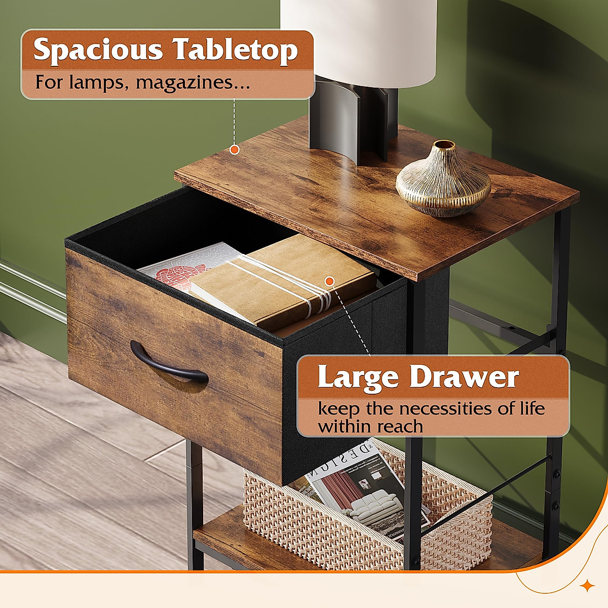 WLIVE Nightstand, Bedside Side Table for Bedroom, Dorm with Steel Frame, Night Stand End Table with Fabric Storage Drawer, Easy Assembly, Rustic Brown Wood Grain Print, 11.73''D 15.67''W 25.03" H