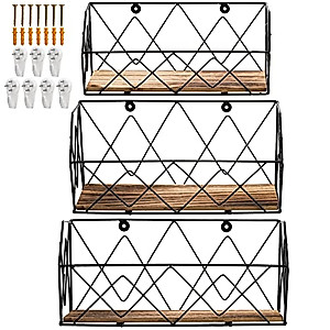 Kingrol 3 Pack Floating Shelves Wall Mounted, Metal Storage Racks, Rustic Wood Shelves for Living Room, Bathroom, Kitchen, Office, Farmhouse Decoration