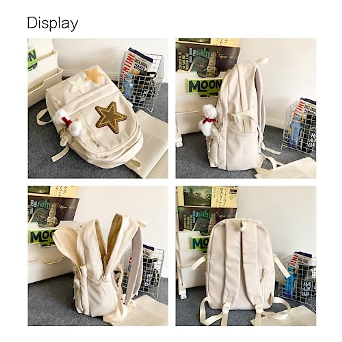 JHTPSLR Preppy Backpack Plush Stars Patchwork Preppy Backpack Y2K Aesthetic Backpack Double Layer Book Bags Backpack Supplies (Black)