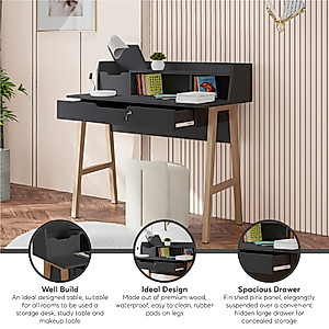 Modern Design Roma Small Desk for Bedroom, 40 inch Black Writing Desk with Hutch and Locking Drawer, by Crafts and Comfort