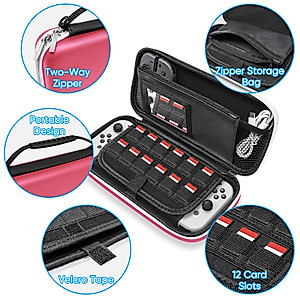 Accessories Bundle for Nintendo Switch OLED Model, MENEEA Carrying Case & Screen Protector, Clear Cover Protector, Grips & Charger Dock for Joycons, Steering Wheels, Console Stand & Game Card Case