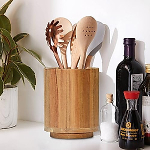 Acacia Wood Utensil Holder for Countertop 360° Rotating Cooking wooden Utensils Crock for Kitchen Counter Farmhouse Spatula Holder Kitchen Utensil Storage Organizer Storage Caddy