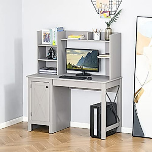 HOMCOM Farmhouse Computer Desk with Hutch and Cabinet, Home Office Desk with Storage, for Study, Light Grey