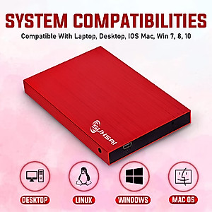 SUHSAI Aluminum Case External Hard Drive 1TB USB 2.0 Slim & Compact Data/Photos Backup & Storage Memory Expansion Portable Hardisk Hardrive 2.5" HDD for Mac Pc Laptop Computer Desktop (Red)