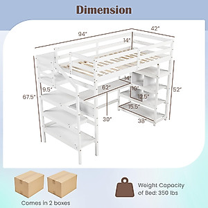 Giantex Twin Loft Bed with Desk and Stairs, Solid Wood High Loft Bed with 4-Tier Storage Shelves, Loft Bed Twin Size for Adults, Teens, Kids, Boys & Girls, No Box Spring Needed, White