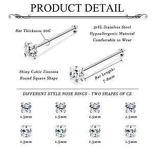 VALDEAS 20G Nose Ring Studs CZ 316L Stainless Steel for Women 8 Pcs Bone Rings Set Austrian Cubic Zirconia Piercing Jewelry Round Square Shapes Stud 1.5MM