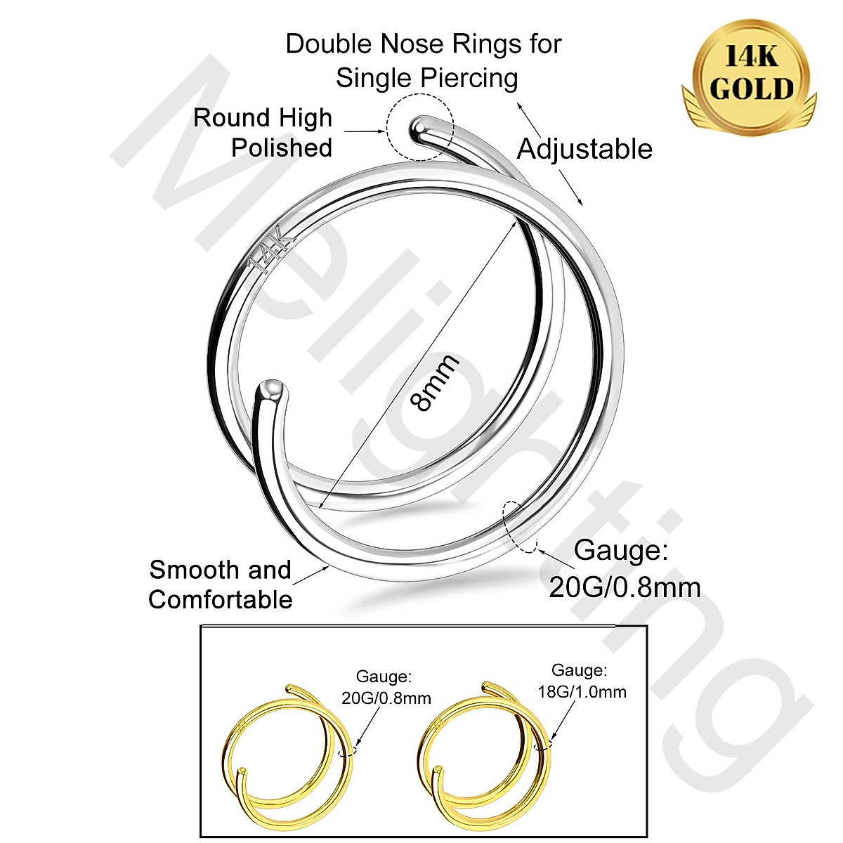 MeIighting 14K Solid Gold Double Nose Rings Hoop for Single Piercing 20G Twist Nose Ring Double Hoop for Women Nose Piercing Jewelry for Men Nose Hoops