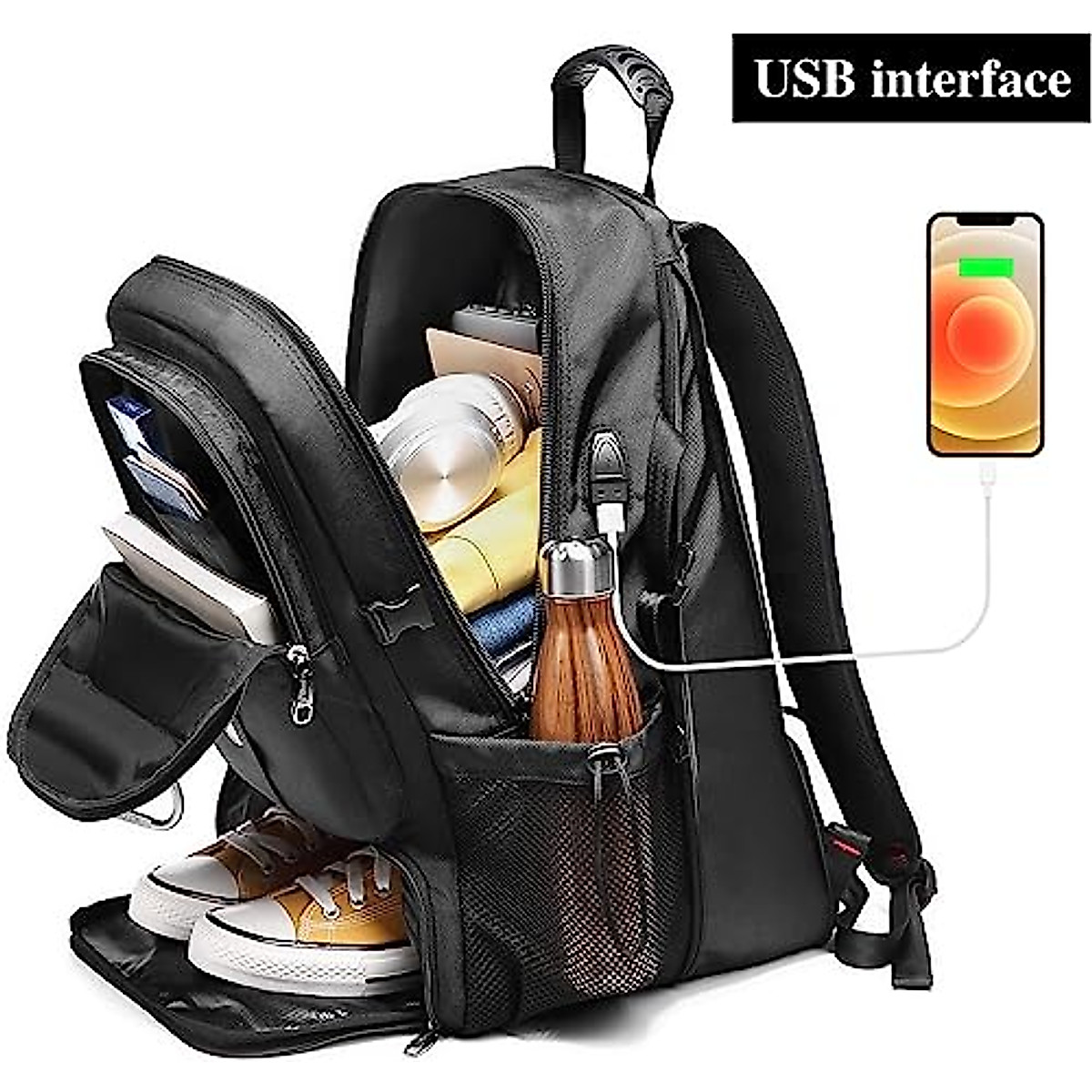 SSWEISIKER Travel Backpack for Men, Large 35L Laptop Backpack with USB Charging Port Fits 15.6 Inch Computer, Waterproof Carry on Bags for Airplanes Hiking Weekender Overnight, Black