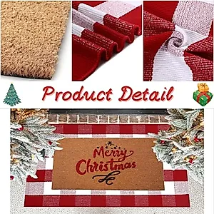 Christmas Door Mat Combo Set - 100% Coco Coir Welcome Mat + 28 x 43 Inch Red and White Plaid Rug, New Year Holiday Christmas Collection Doormat for Front Porch Entryway Decorative